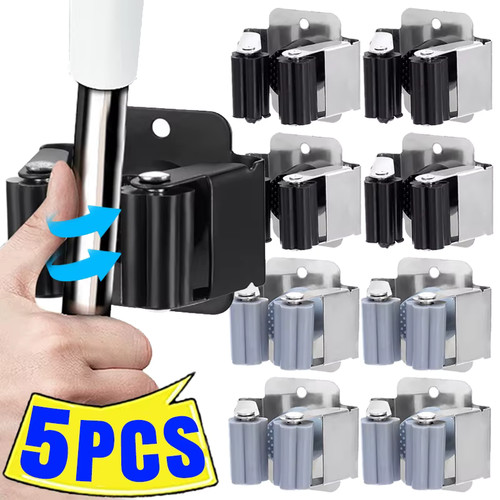 5/1Pcs Self-Adhesive Mop Holder Clips Stainless Steel Drilling Mop ...