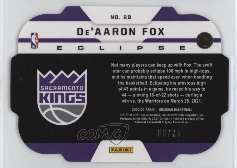 2020-21 Panini Obsidian Eclipse Electric Etch Purple /75 De'Aaron Fox ...