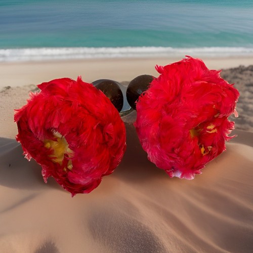 Uli Uli Hawaiian Dance Maracas Red Yellow Feathers Hula Gourd Rattles 2 ...