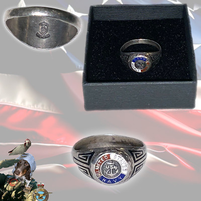 ANTIQUE USN UNITED STATES NAVY WWII STERLING SILVER ENAMEL RING UNIQUE ...