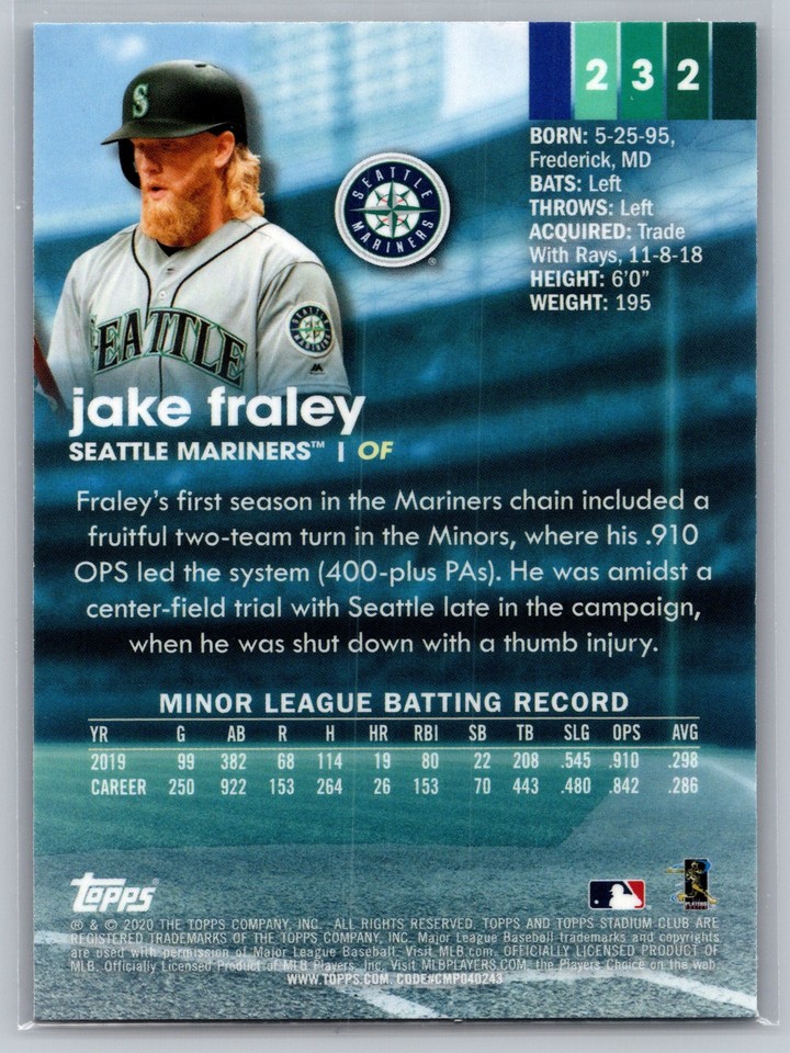 2020 Stadium Club Chrome Jake Fraley Rookie #232 Seattle Mariners | eBay
