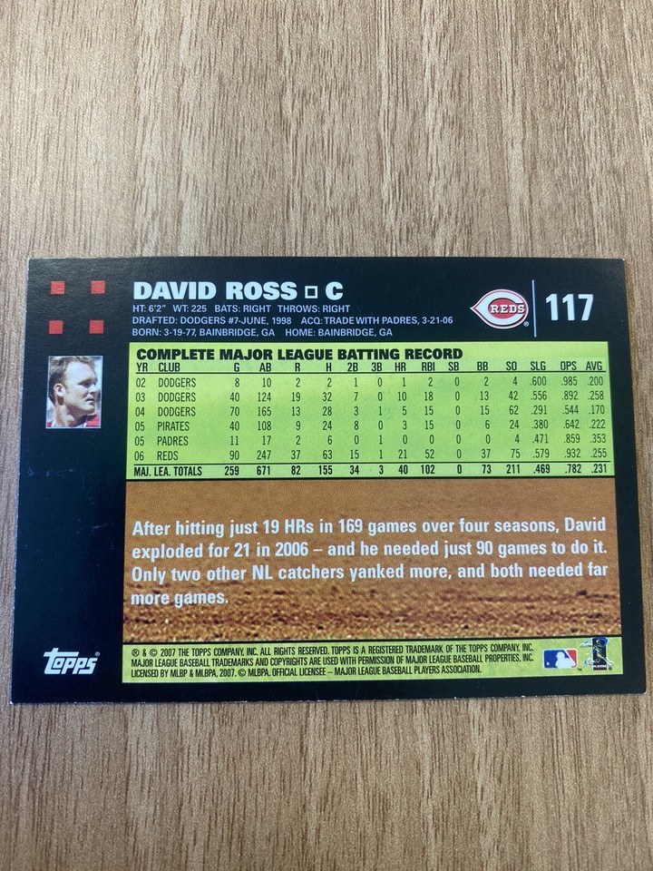 2007 Topps #117 David Ross Cincinnati Reds Autograph Signed Auto | eBay