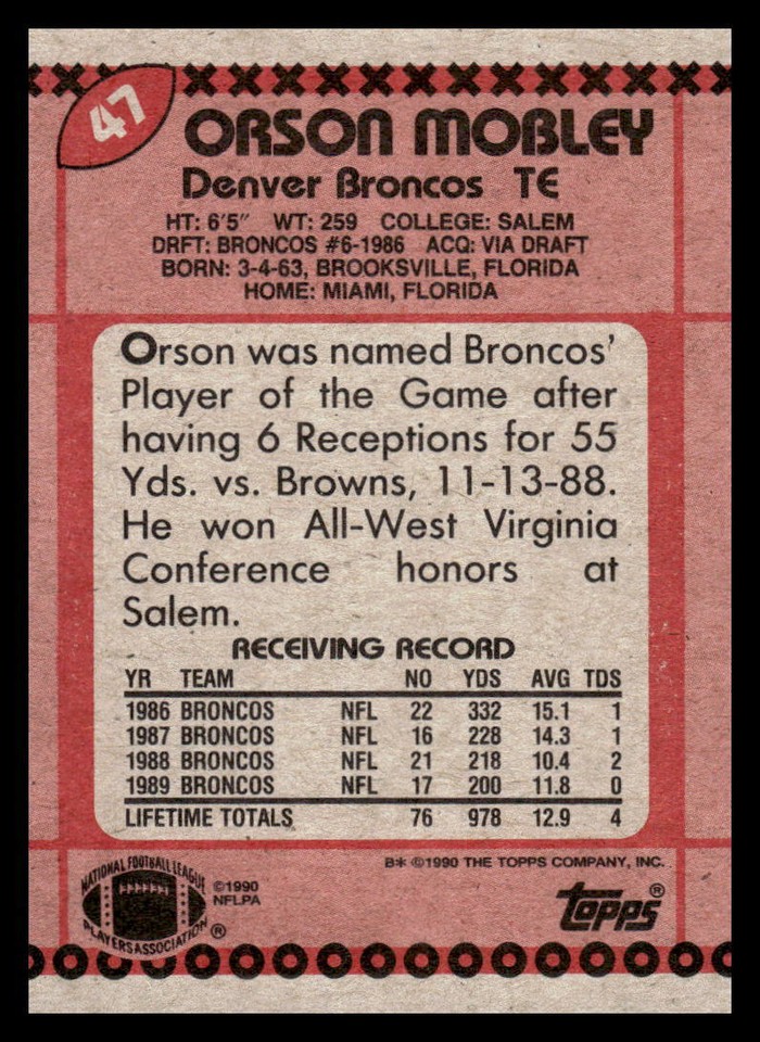 1990 Topps Orson Mobley #47 Denver Broncos Football Card | eBay
