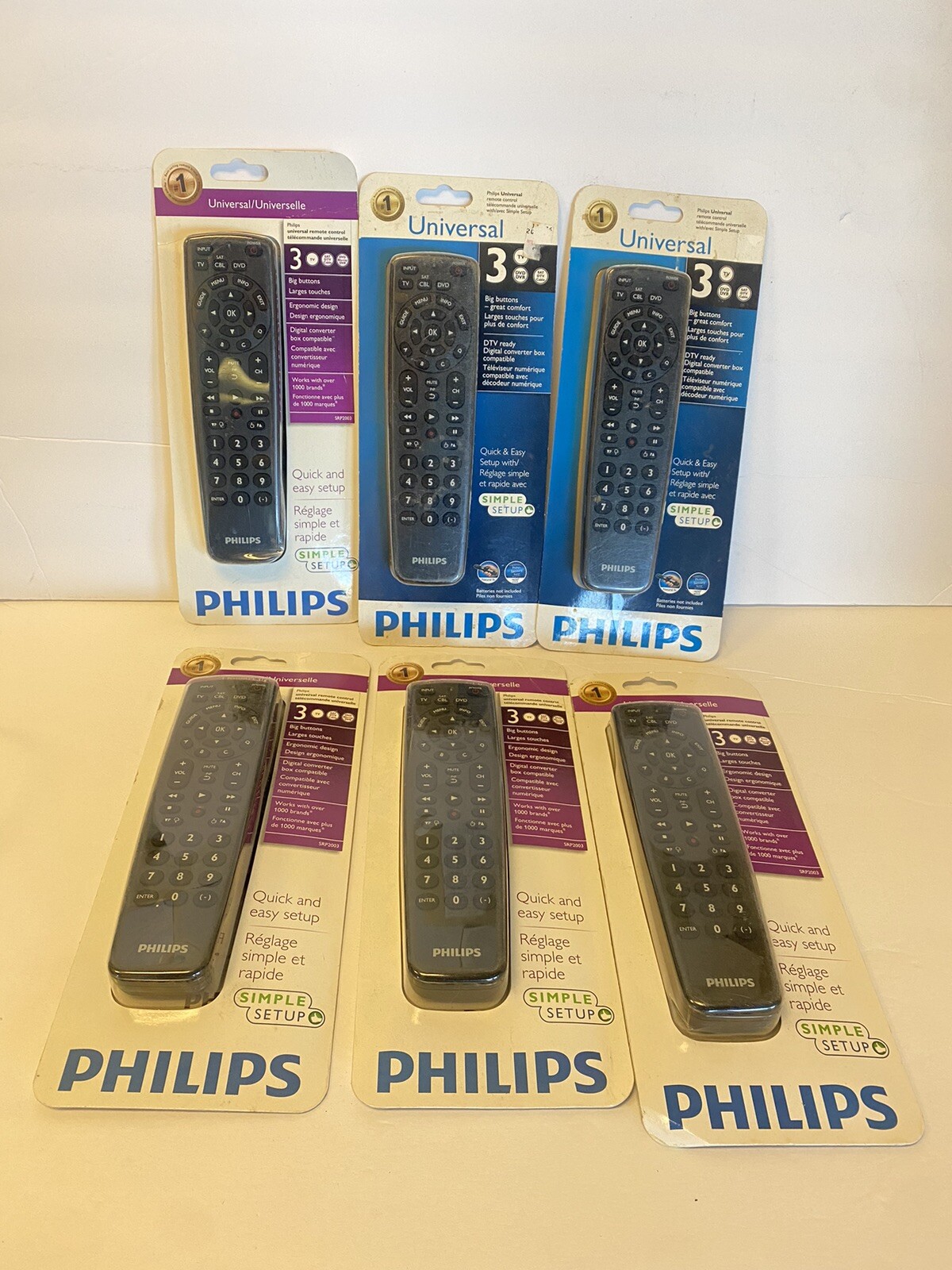Lot Of 6 Philips Universal Remote Control 3 Device TV / DVD DVR/ SAT ...