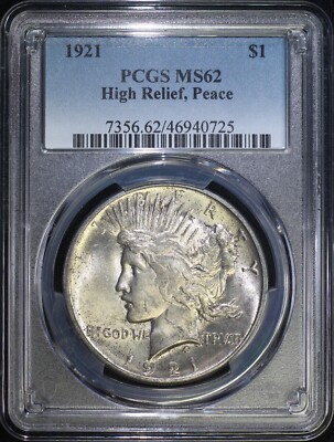 1921 P Peace Silver Dollar PCGS MS62 High Relief Key Date Low Mintage ...