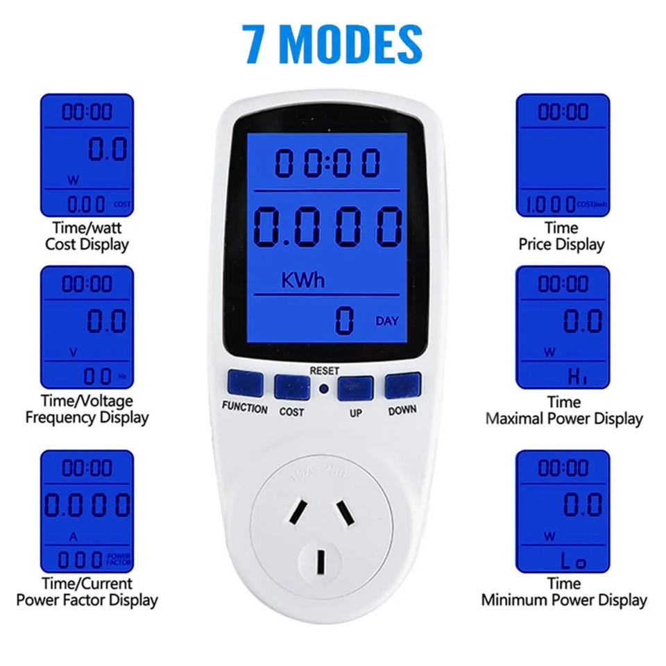 240V Plug Power Meter Energy Watt Voltage Amps Meter Consumption Energy ...