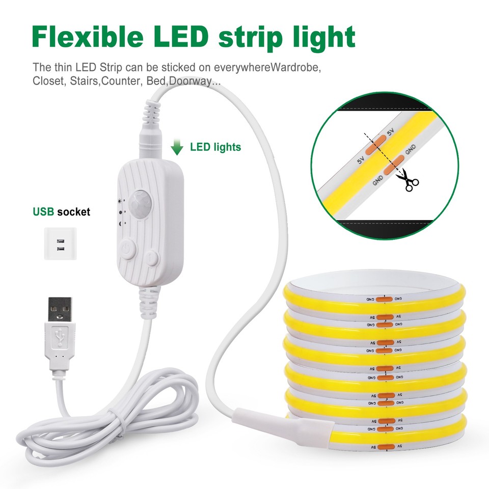 PIR Motion Sensor COB LED Strip Light 5V USB Battery Powered 320LED/m ...