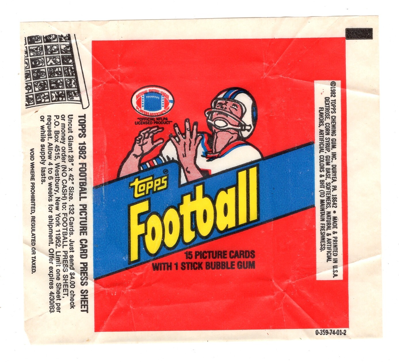 1982 TOPPS FOOTBALL CARD WRAPPER - EMPTY -NO CARDS - "PRESS SHEET ...