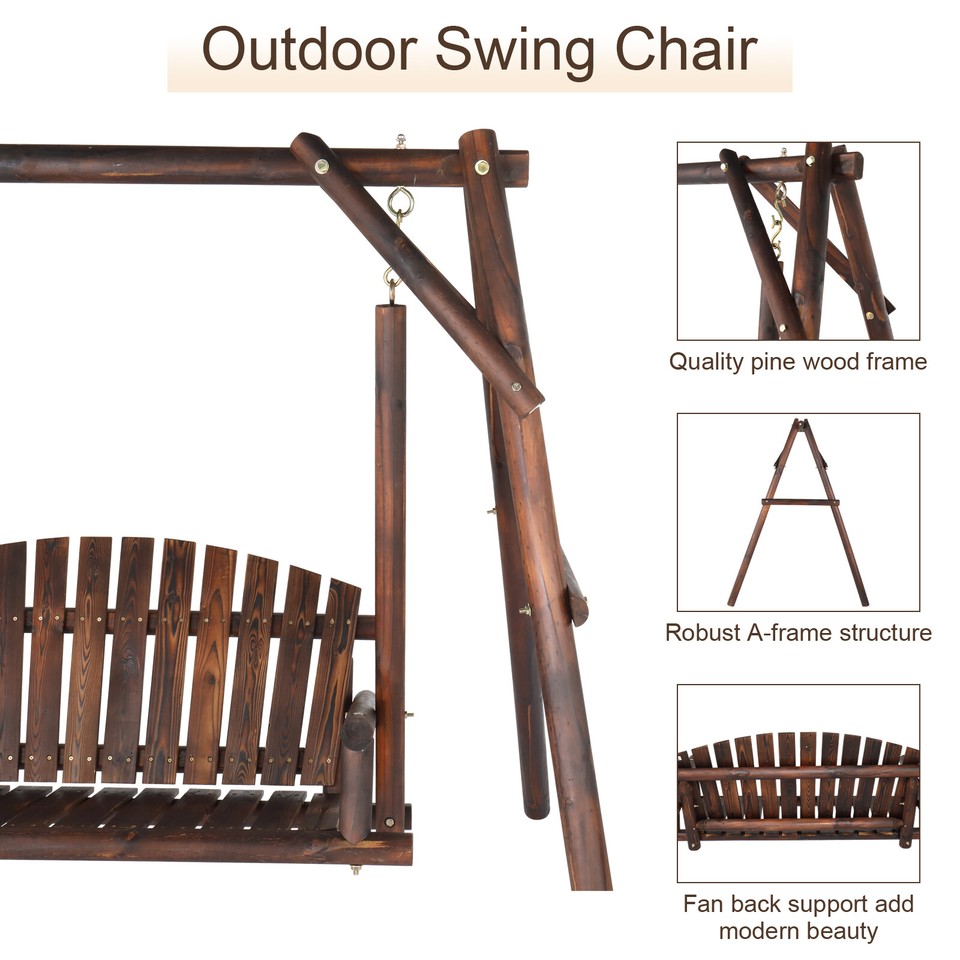 Wooden Porch Swing Outdoor Patio Rustic Torched Log Curved Back Bench A ...