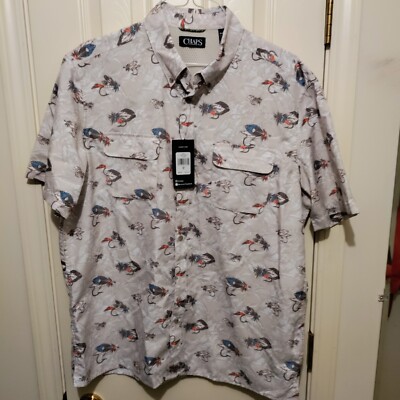 NWT Chaps XL Mens Fishing Shirt S/S Beige Breathable All Over Lure ...