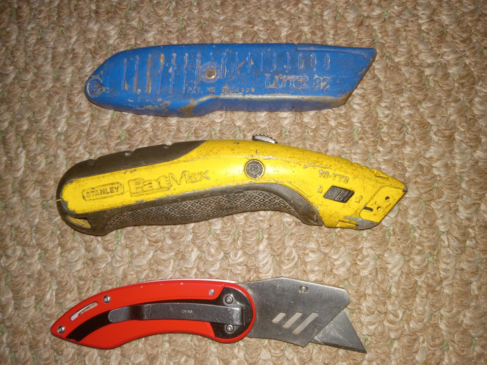 Knife lot box cutters, case, gerber, bowie knifes, railroad spike, air ...