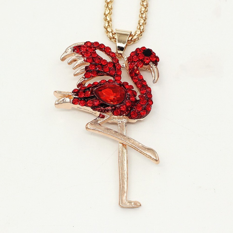Red Enamel Crystal Rhinestone Cute Flamingo Bird Animals Pendant Woman ...