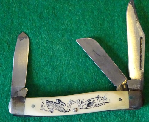 Vintage, Schrade 3 blade Rabbit Scrimshaw Pocket Knife, USA | eBay