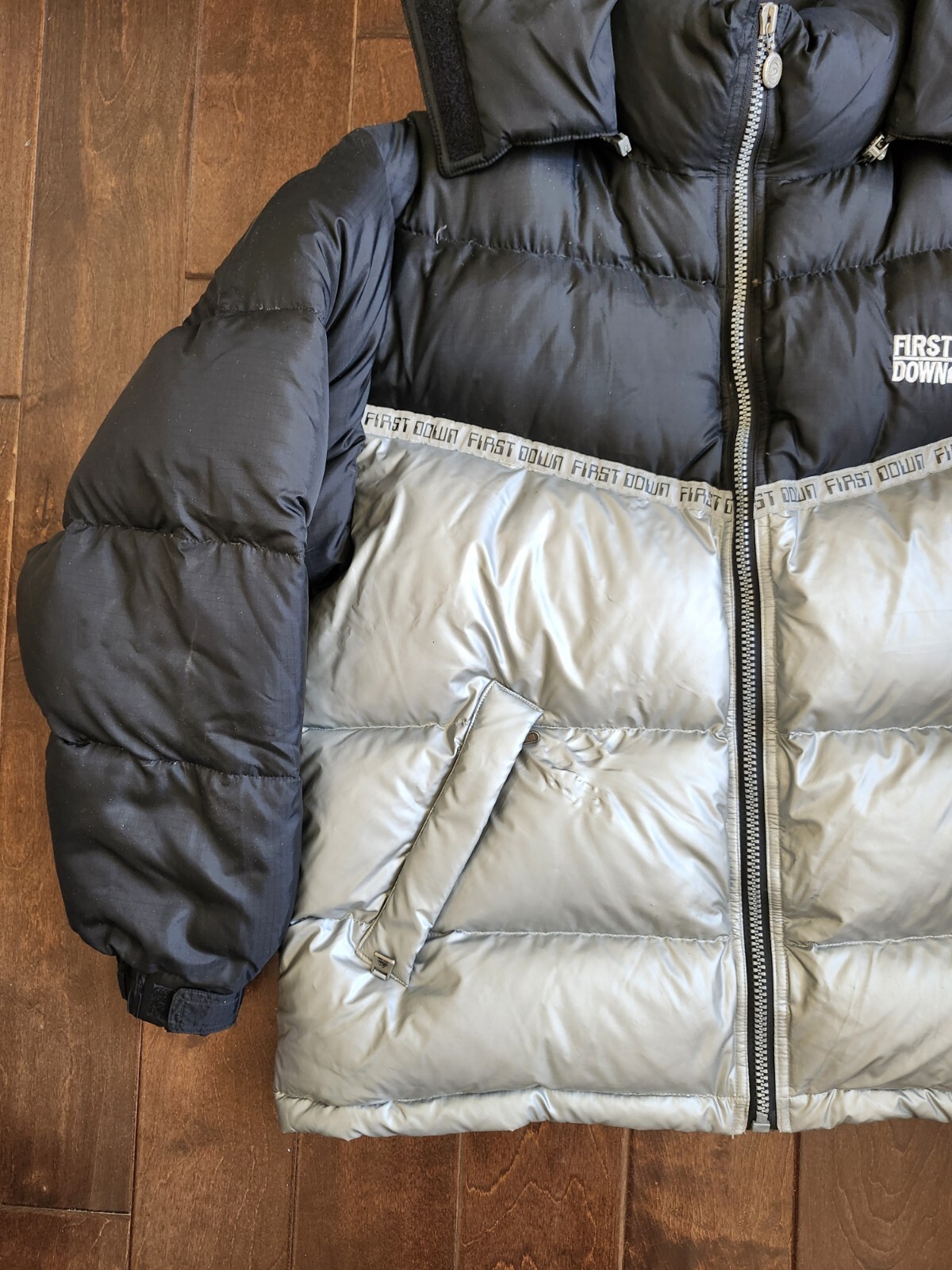FIRST DOWN Puffer Jacket Vintage Black Silver Quilted XL Reversible ...