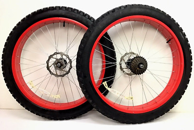 26" x 4.0" RED FAT BIKE DISC WHEEL SET 7s FREEWHEEL BICYCLE WIDE RIMS ...