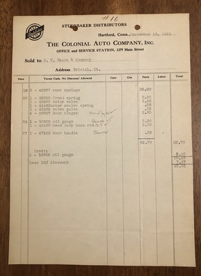 1921 Invoice - Studebaker Distributors Hartford, Conn. | eBay