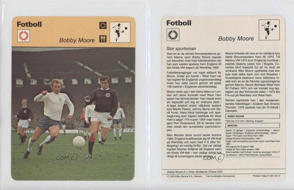 1977-82 Sportscasters Series 34 Swedish Bobby Moore #34-01 0i4g | eBay UK