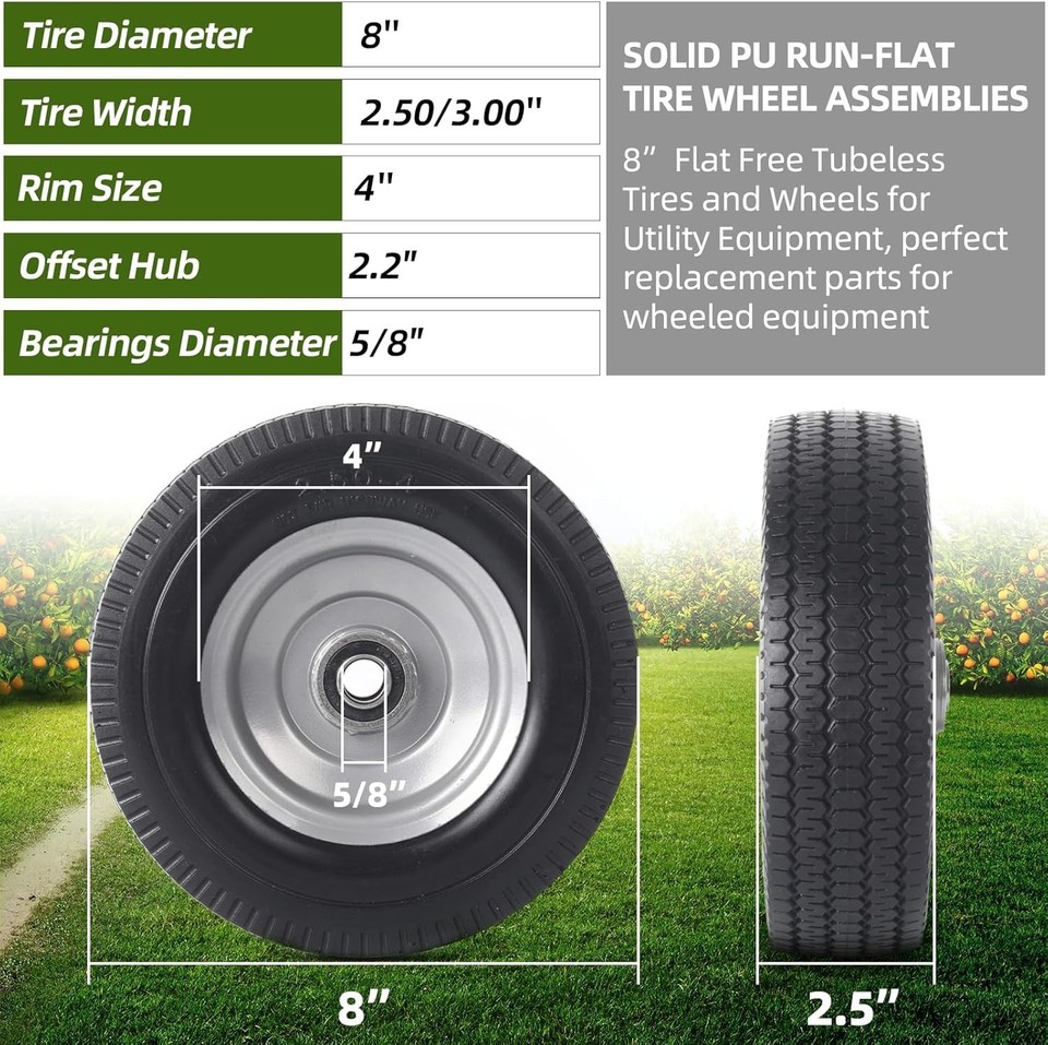 8-Inch Flat-Free Solid Wheels for Hand Trucks & Equipment - 2-Pack ...