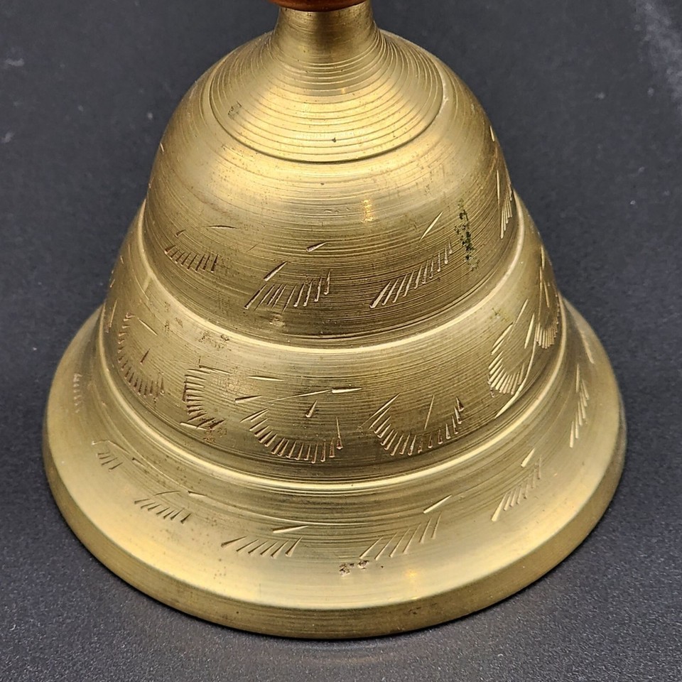 Vintage Old School Bell Etched 9" Brass Bell With Wooden Handle Made In ...