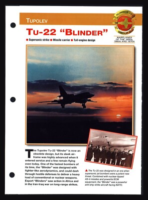 "TU-22 BLINDER TUPOLEV" Aircraft World Spec Sheet Warplane 50s 60s 70s ...
