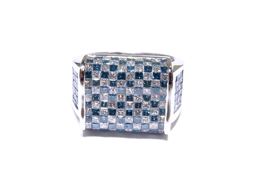 Mens 14k White Gold 4.46ct White & Blue Princess Cut Colored Diamond ...