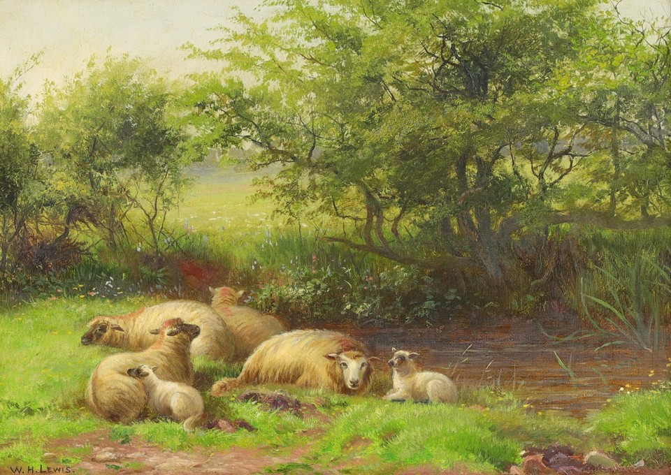 Sheep in a Landscape Antique Oil Painting by William Henry Lewis (1817 ...