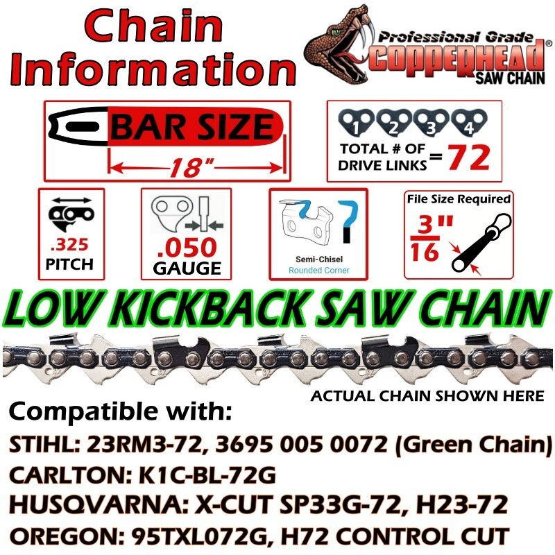 COPPERHEAD 18" BAR & CHAIN JOHN DEERE CS46 CS52 CS56 CS62 SAWS - .325 ...