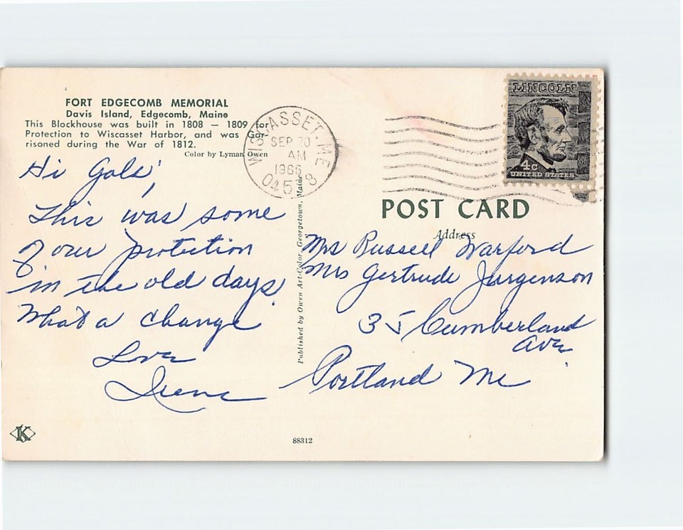 Postcard Fort Edgecomb Memorial Davis Island Edgecomb Maine USA North ...
