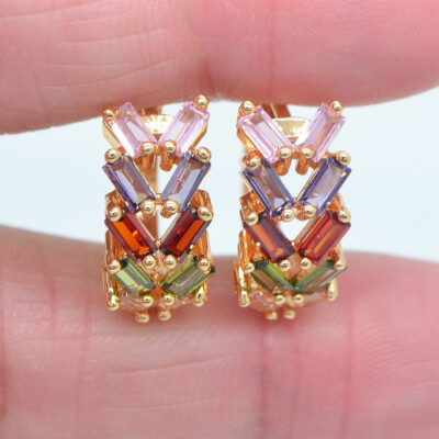 18K Yellow Gold Filled Multicolour Topaz Rectangle Fence Huggie ...