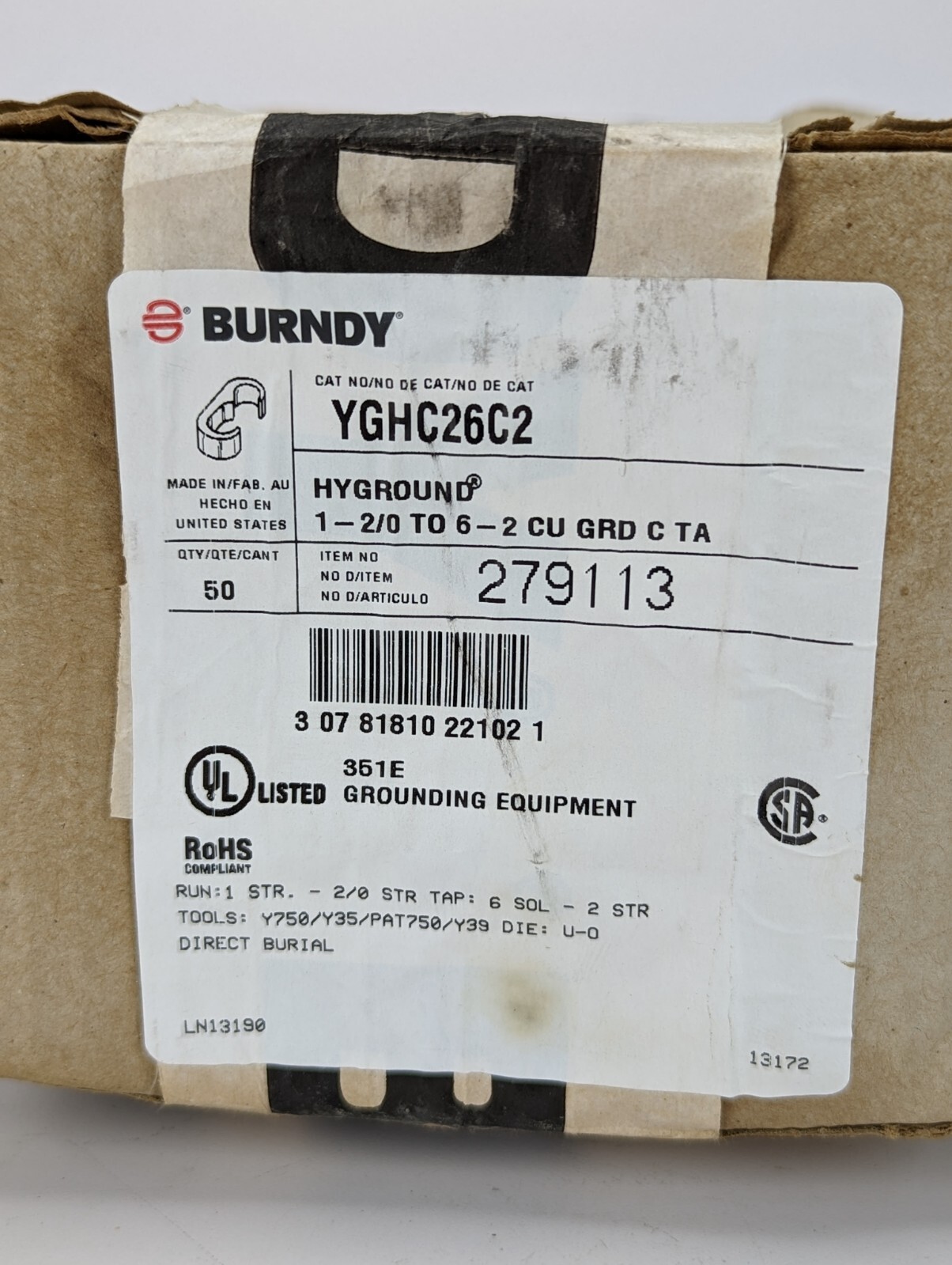 *Box of 50* NEW Burndy YGHC26C2 Compression Grounding C-TAP Connector ...
