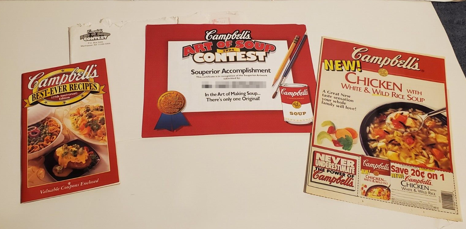 VTG 1994 CAMPBELL'S THE ART OF SOUP CONTEST AWARD CERTIFICATE & RECIPE ...