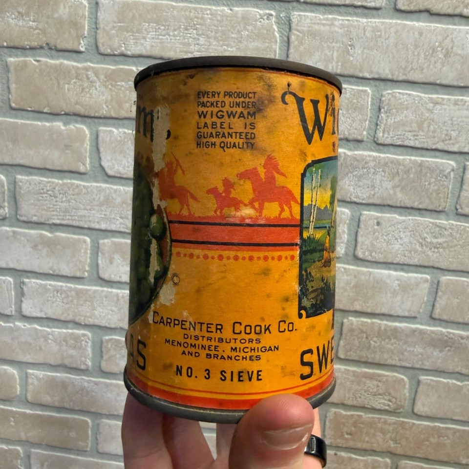 ANTIQUE WIGWAM PEAS FOOD CAN MENOMINEE GROCERY STORE TIN NATIVE ...