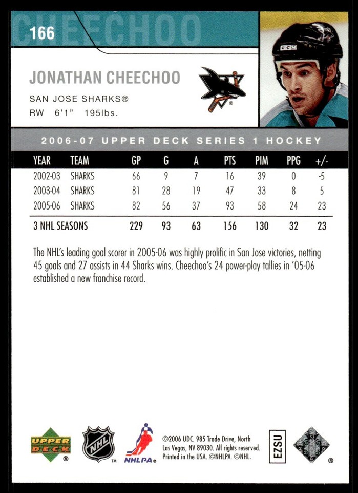 2006-07 Upper Deck Jonathan Cheechoo San Jose Sharks #166 | eBay