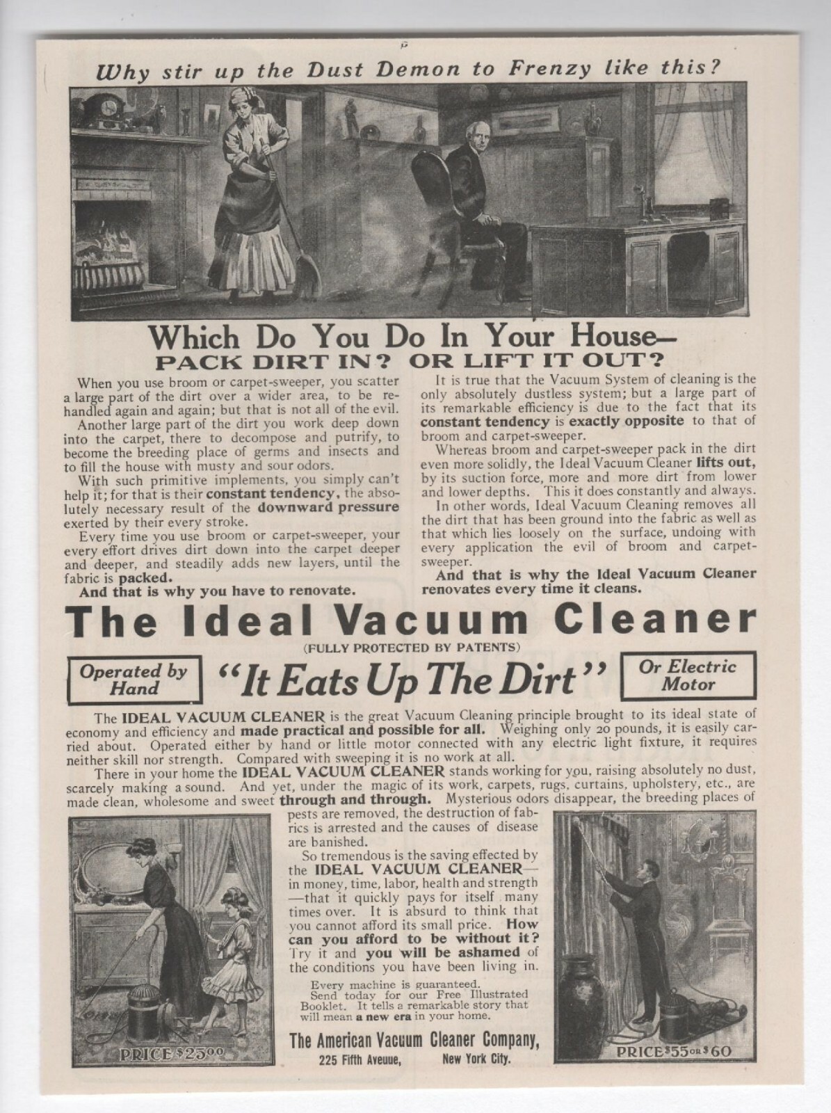 Antique 1900's Ideal Vacuum Cleaner Co. - 1909 Art AD Hand or Electric ...