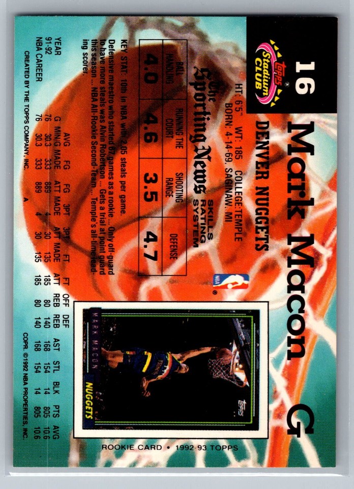 Mark Macon 1992-93 Stadium Club BASKETBALL #16 Denver Nuggets | eBay