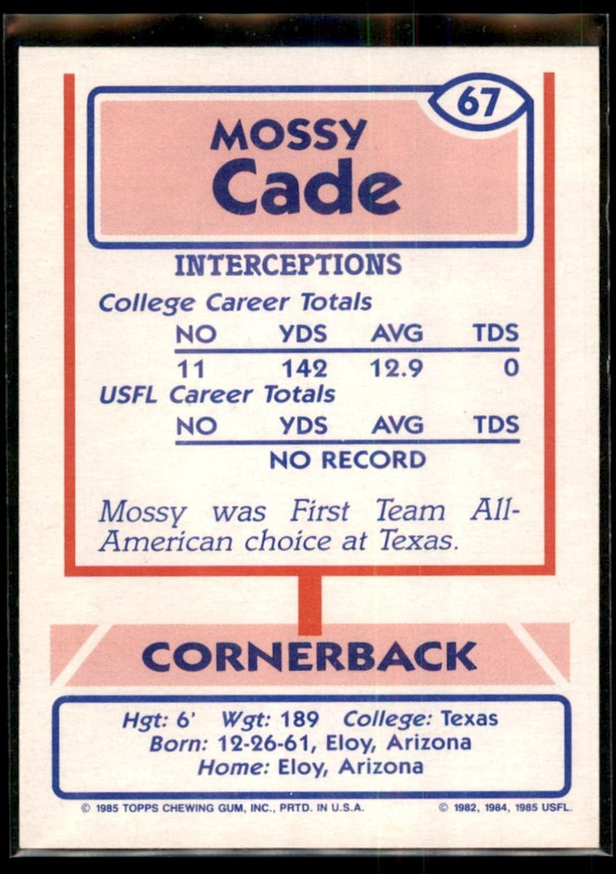 1985 Topps USFL Mossy Cade #67 Memphis Showboats | eBay