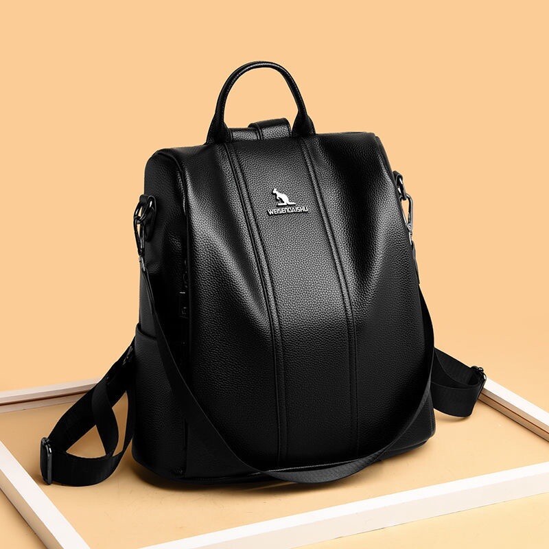 2Pcs Set Women’s Large Capacity Soft Leather Backpack Travel Bag With ...