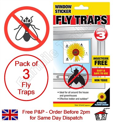 Fly Traps 3 Pack Window Stickers Flies Insect Bugs Sticky Glue Catch ...
