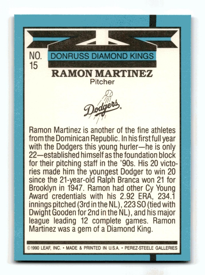 Ramon Martinez 1991 Donruss Diamond Kings #15 Los Angeles Dodgers NM ...