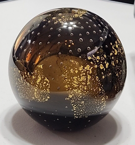 Art Glass Paperweight Amber Black Gold Flake Controlled Bubble Hand ...