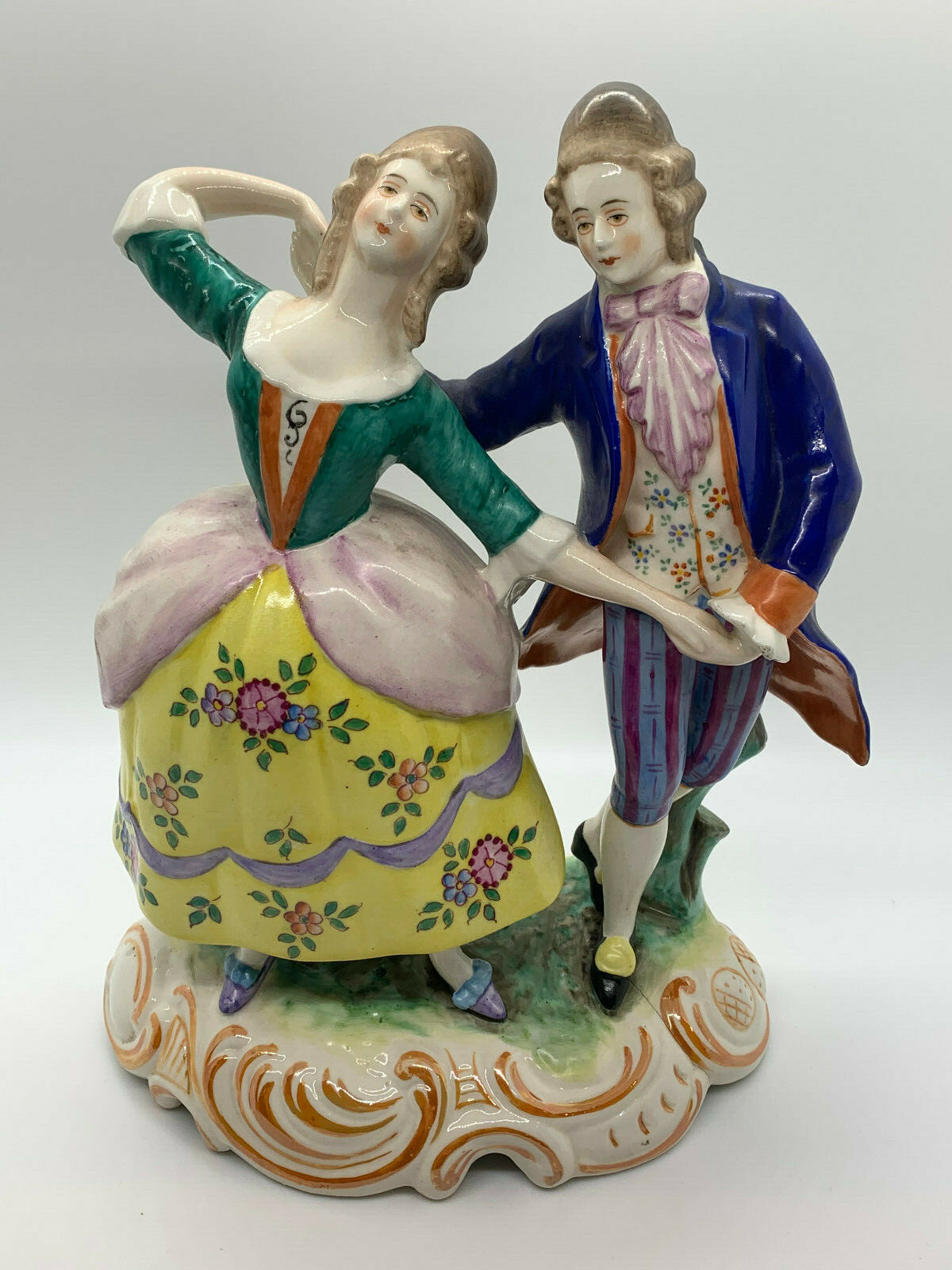 Antique Woman Man Dancing Figurine Early Glazed Porcelain Blue Yellow ...