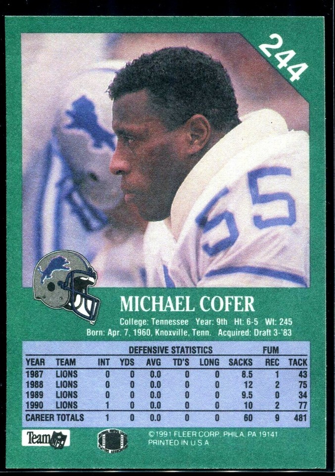 1991 Fleer Football Michael Cofer #244 Detroit Lions | eBay