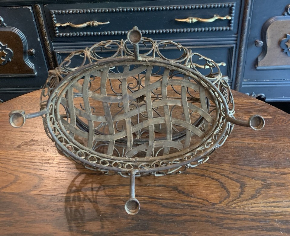 Vtg French Metal Filigree Wrought Iron Ornate Scroll Lid Basket Home Or ...