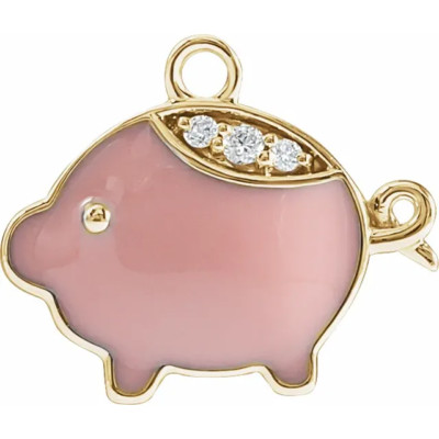 14K Yellow Gold & Pink Enamel Pig w/ 3 Natural Diamonds Dangle/Charm ...
