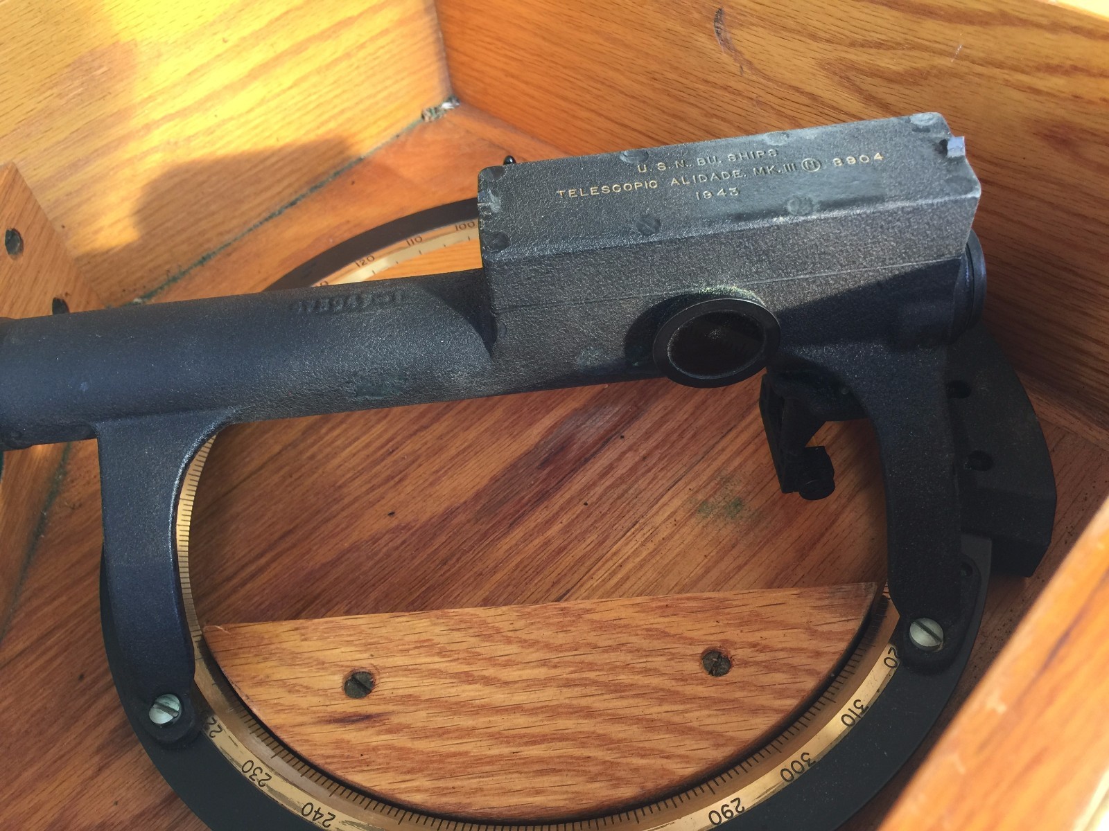 1943 vintage Navy Navigation device,TELESCOPIC ALIDADE orig oak case ...