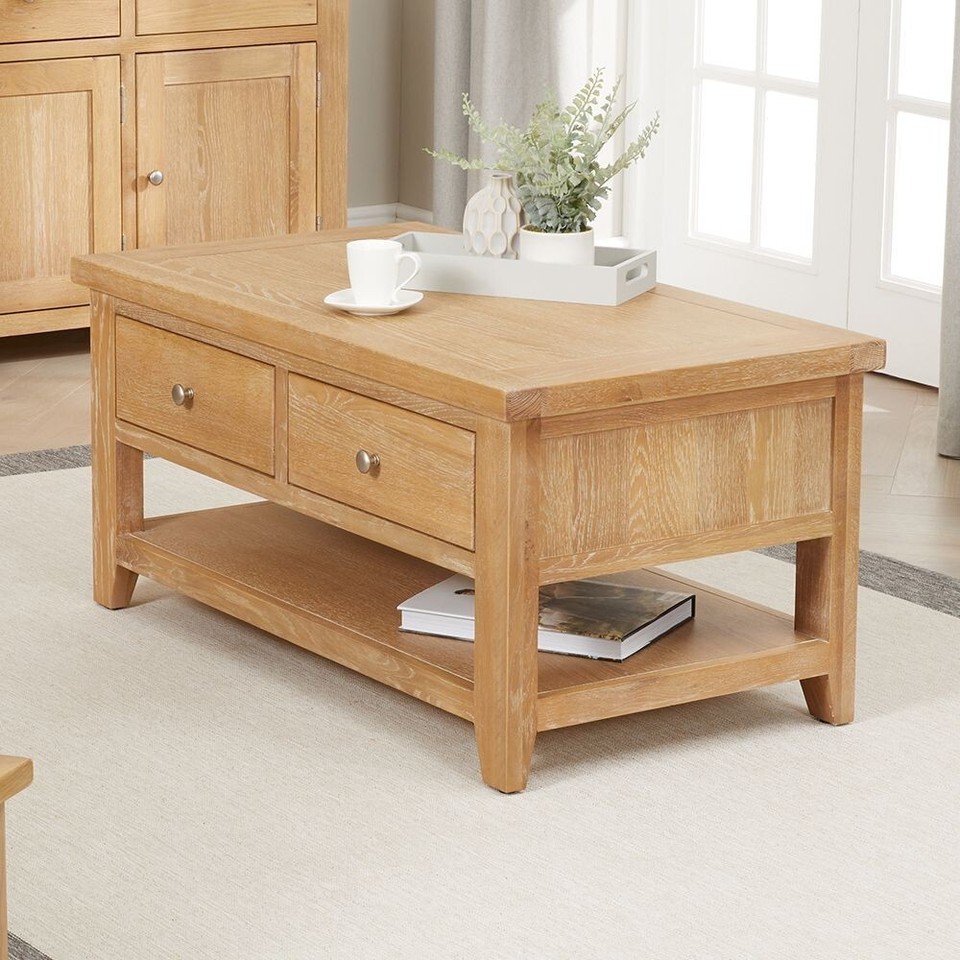 Cheshire Limed Oak 2 Drawer Coffee Table with Shelf- Living Room ...