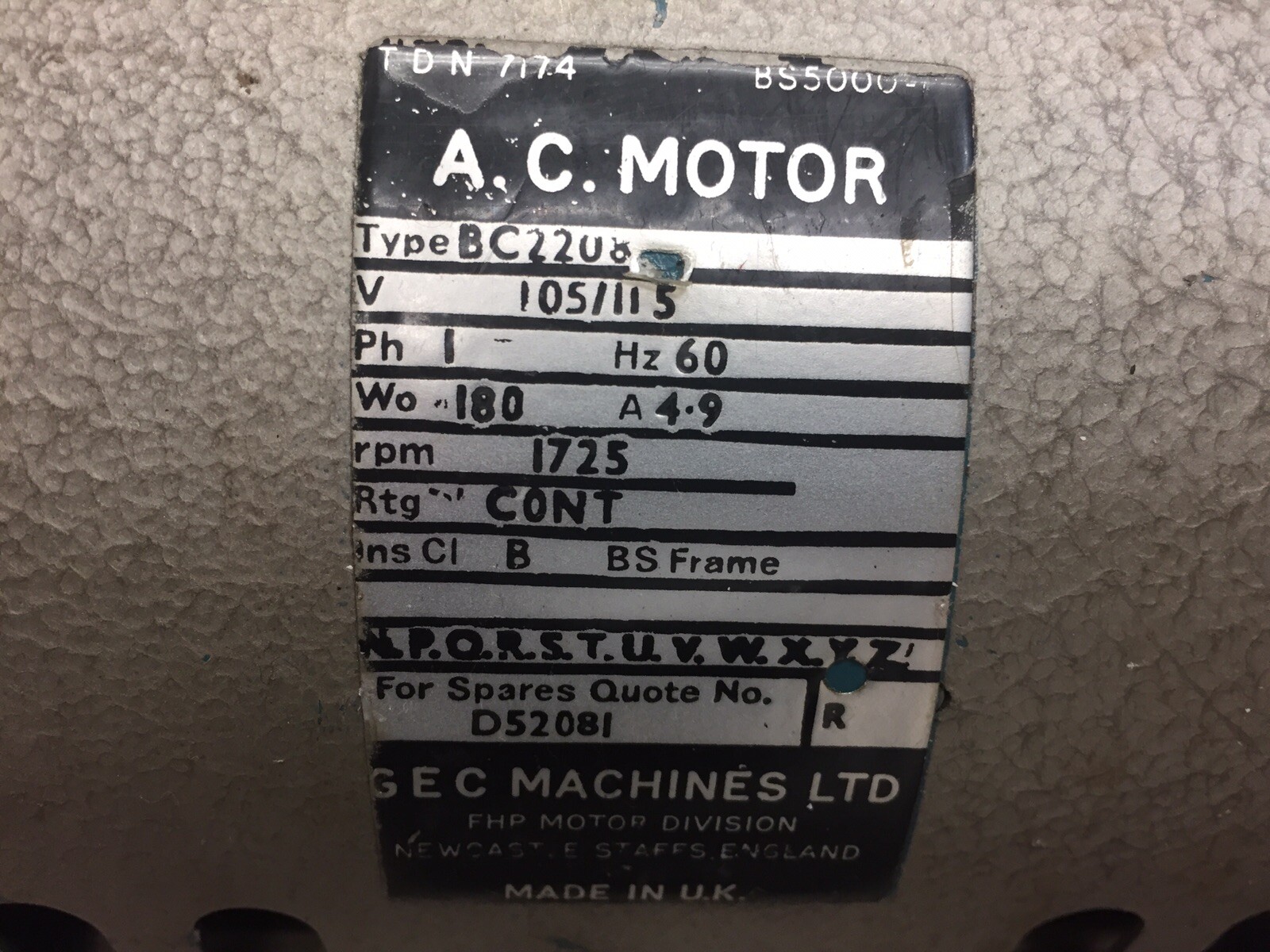 GEC MACHINES AC MOTOR BC2208 SINGLE PHASE 105/115V 1725 RPM 4-9 AMP | eBay
