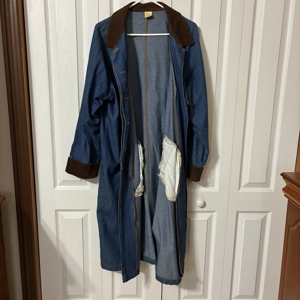 Vtg Denim Jean Jacket Chore Barn Coat Blue Trench Duster Long Size XL ...