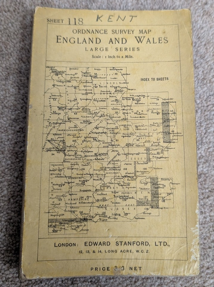 Antique Edwardian Ordnance Survey Map Large Series Fold Out Canvas Kent ...