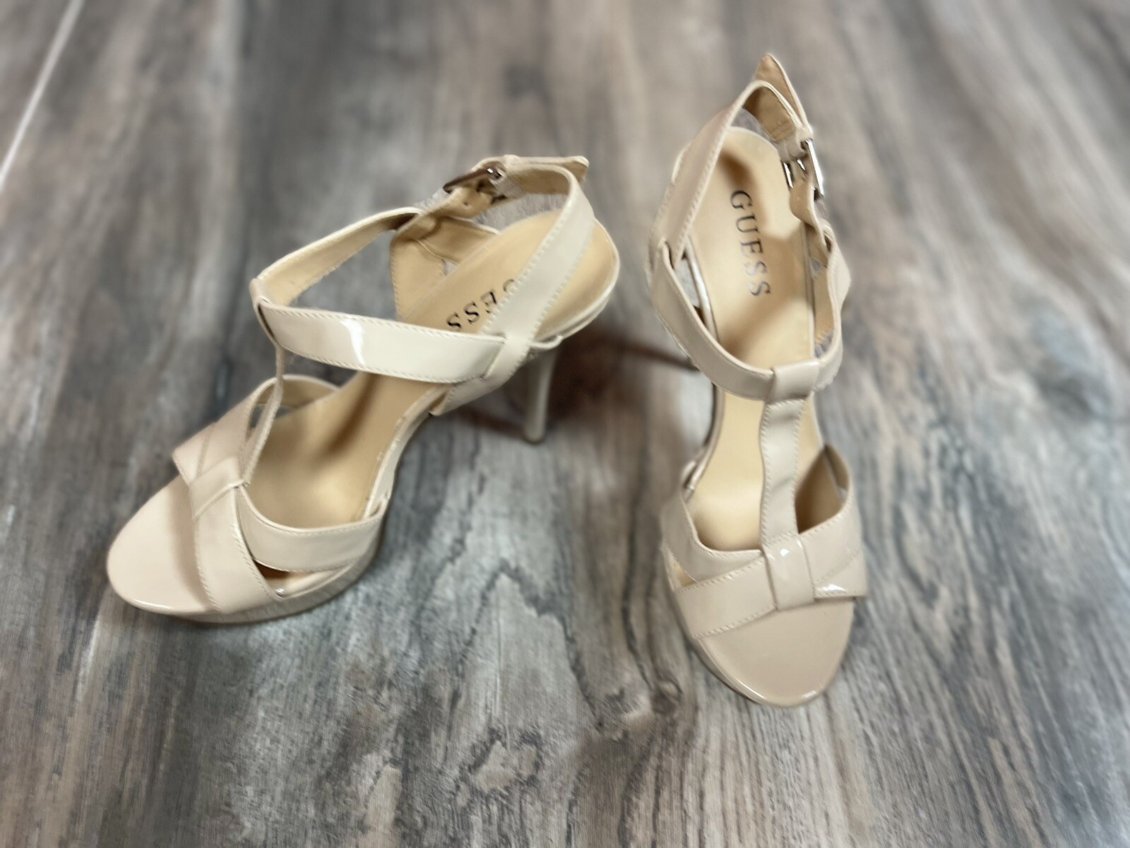 GUESS LIGHT NATURAL PATENT LEATHER 5in PEEP TOE HEELS SIZE 6 M | eBay